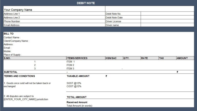 Debit Note Format in Excel | Free Download