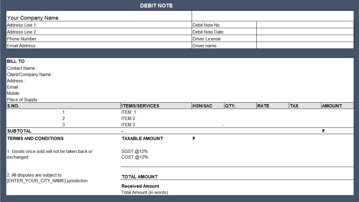 Debit Note Format in Excel | Free Download
