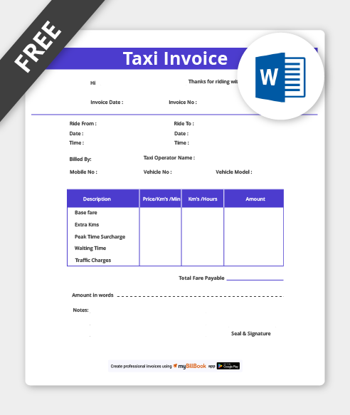 Taxi Bill Format in Excel, Word, and PDF
