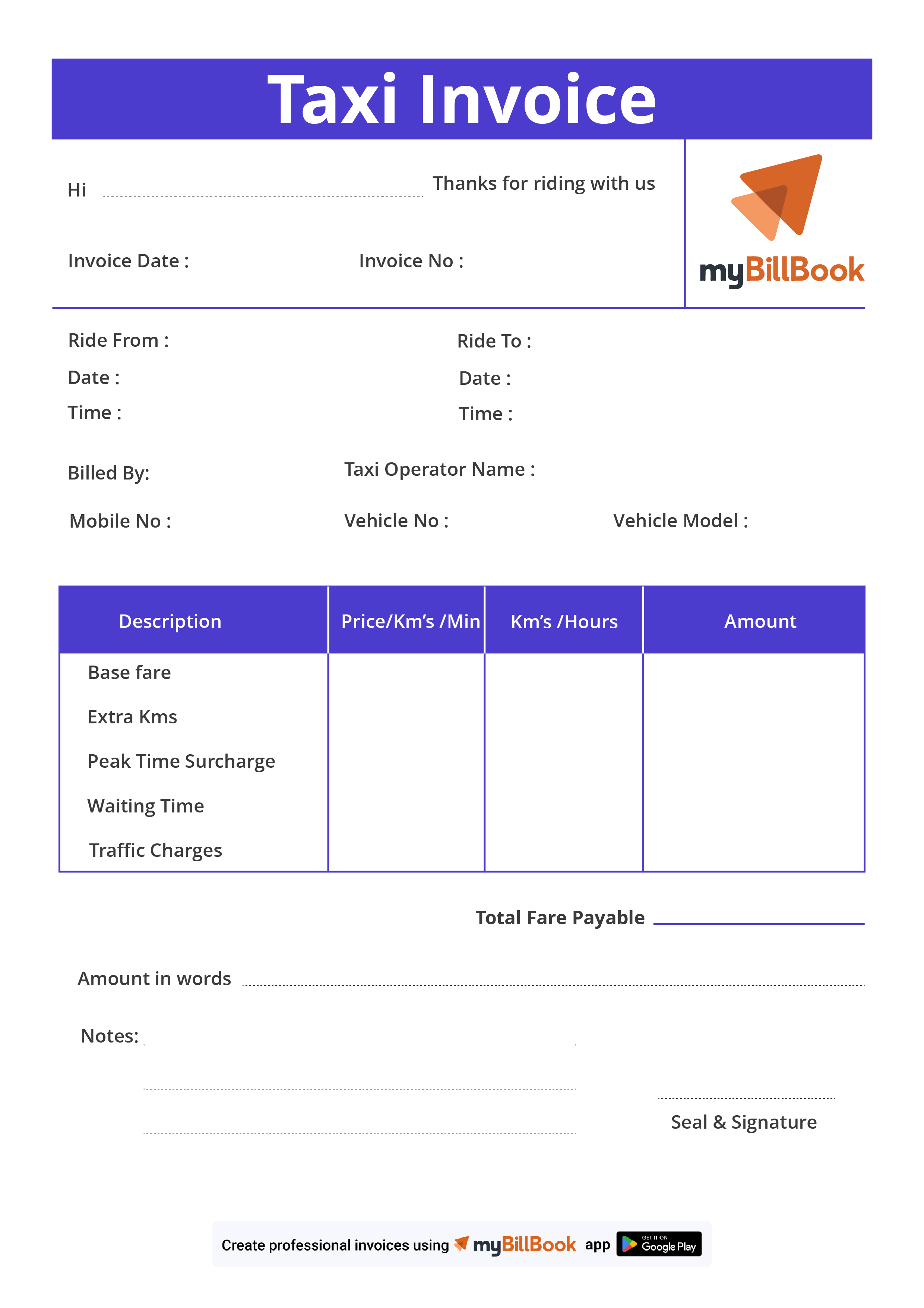 Taxi Bill Format in Excel, Word, and PDF