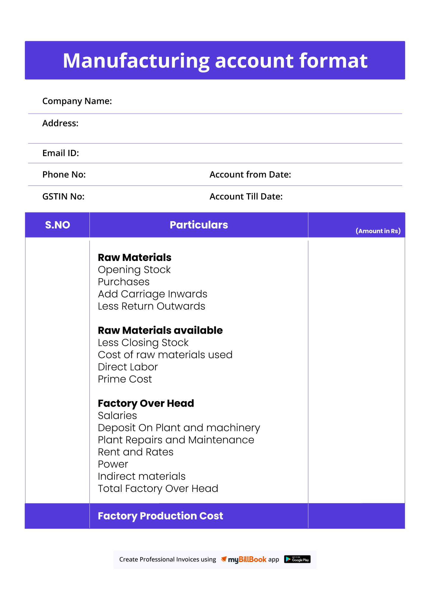 Manufacturing Account Format | PDF & Excel Templates