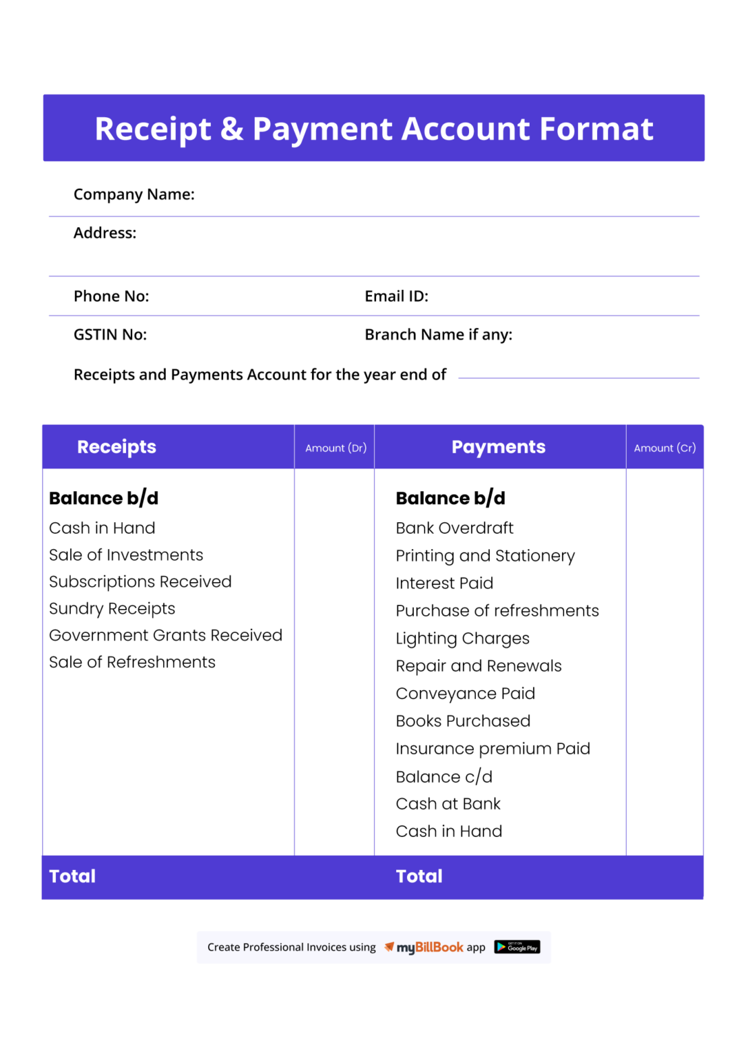 Receipt and Payment Account Format | Download Free Excel