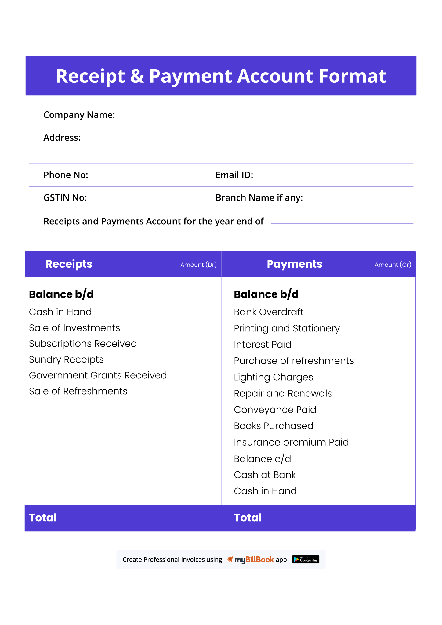 Receipt and Payment Account Format | Download Free Excel