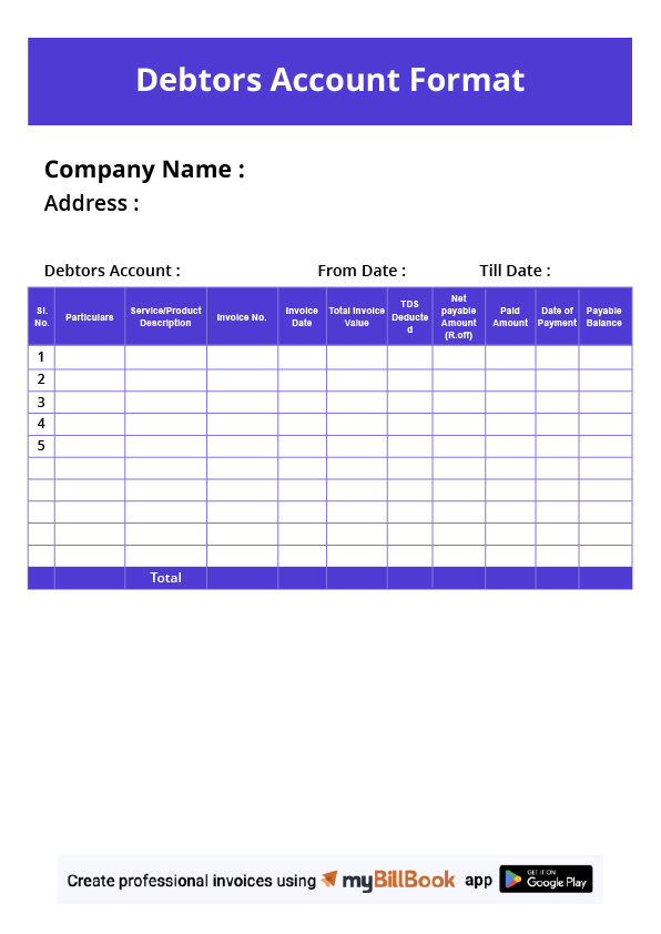 Debtors Account Format - Word, Excel, PDF