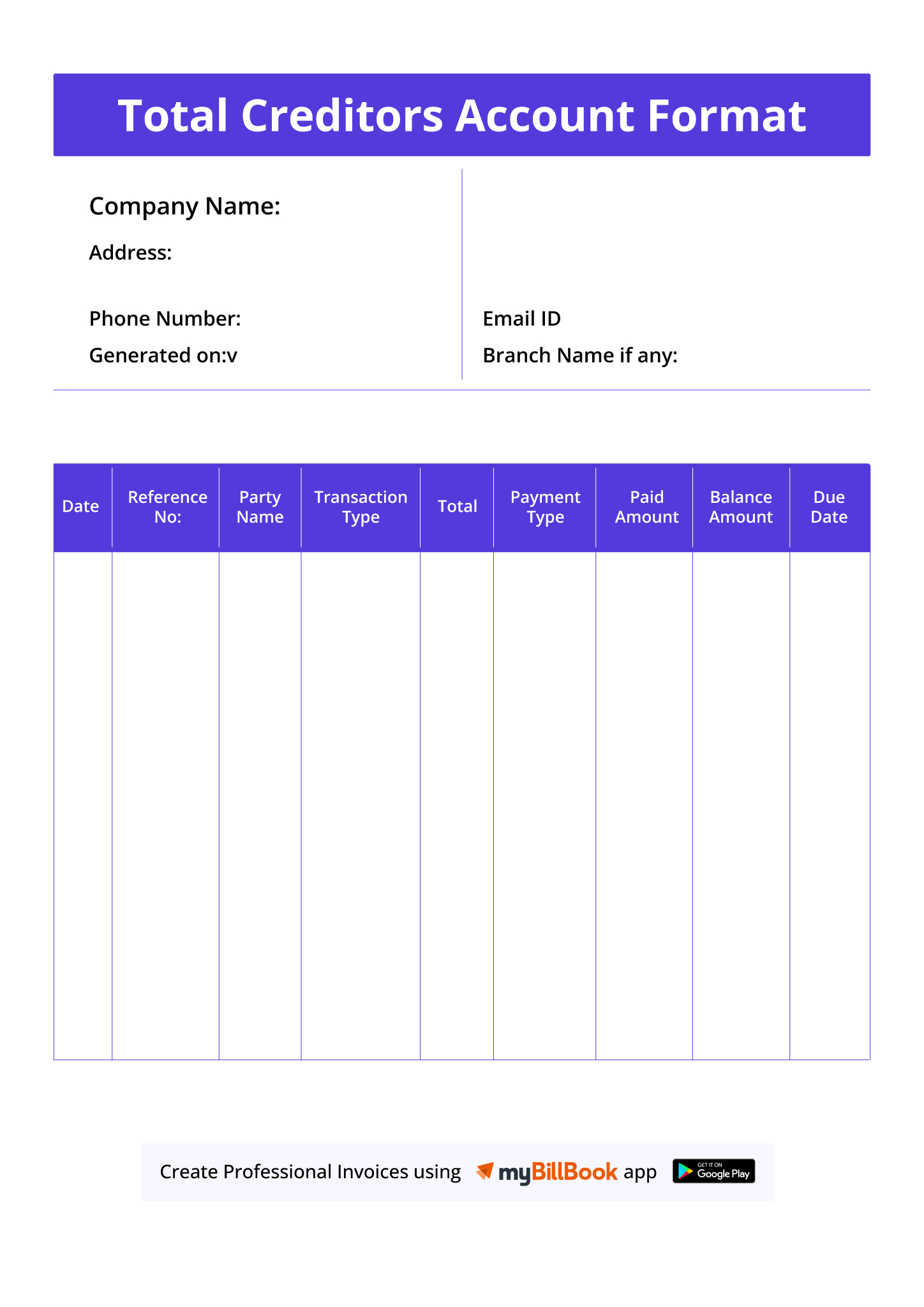 Total Creditors Account FormatJoint Venture Account Forma