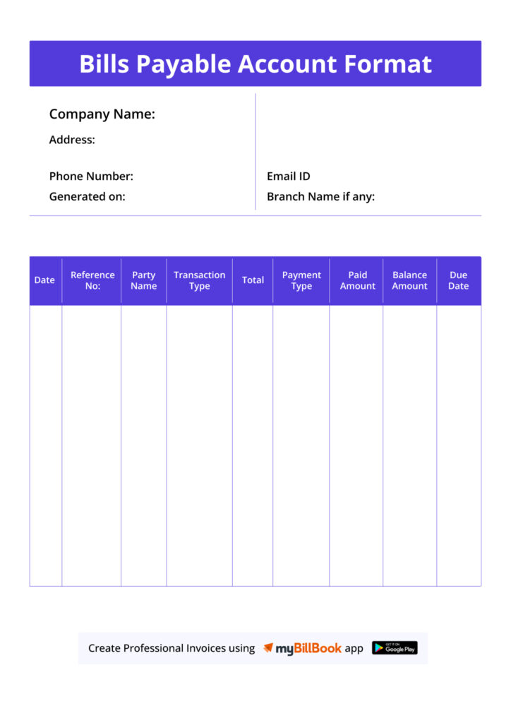 Bills Payable Account Format