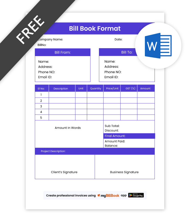 Bill Book Format | Free Editable Word, Excel, PDF