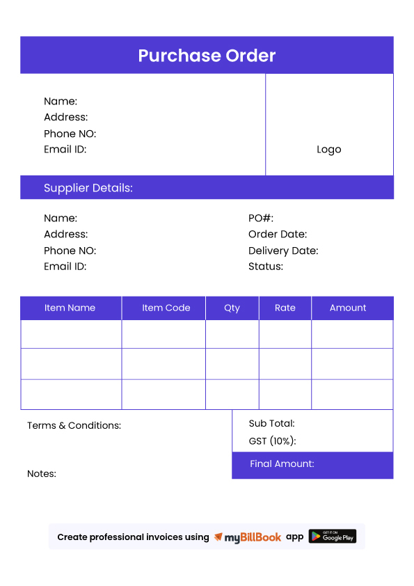 Free Purchase Order Generator Online – Create PO in Minutes | myBillBook