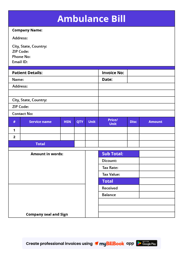 Ambulance Bill Format – Free Word, Excel & PDF Templates