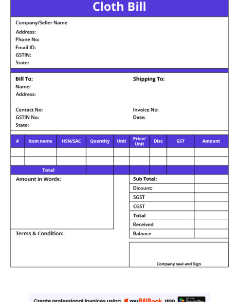Cloth Bill Format- Free Customisable Templates