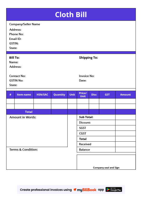 Cloth Bill Format- Free Customisable Templates