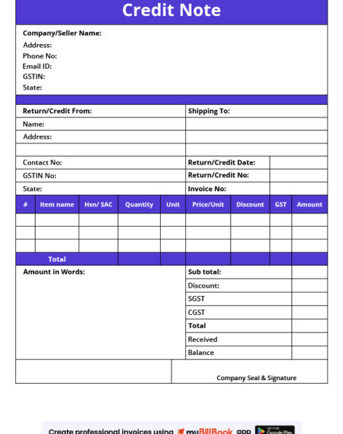 Credit Note Format in Excel – Free Download