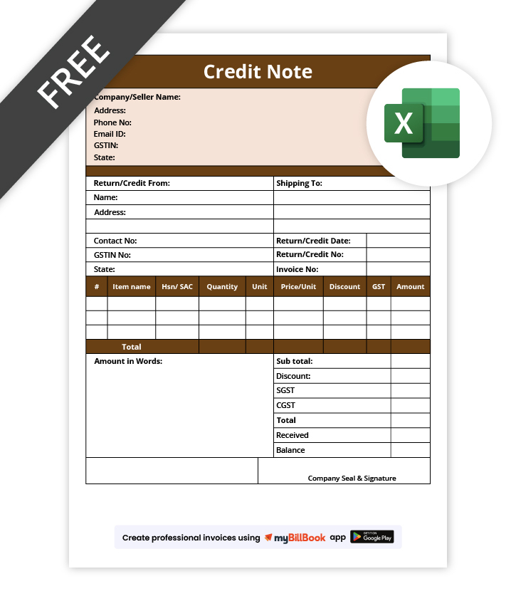 Credit Note Format in Excel – Free Download