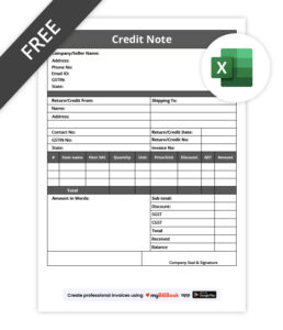 Credit Note Format in Excel – Free Download