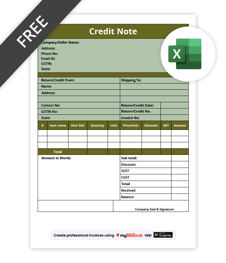 Credit Note Format in Excel – Free Download
