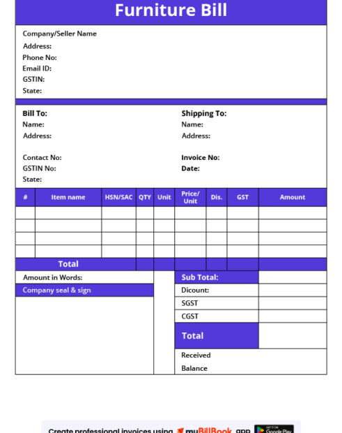 Furniture Bill Format- Word, Excel & PDF Templates