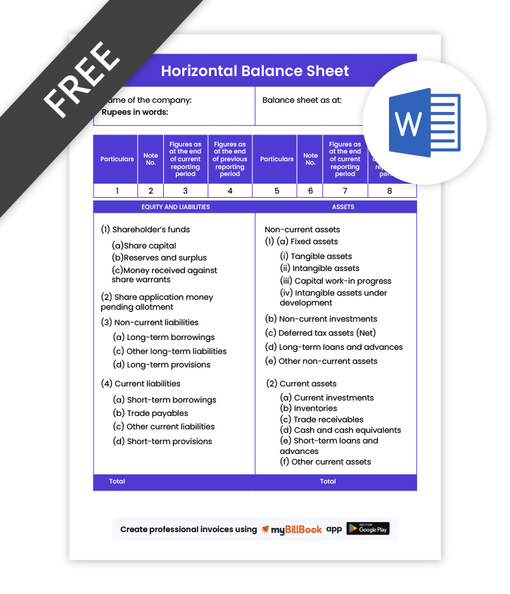 Horizontal Balance Sheet Format in Excel, Word & PDF for Free