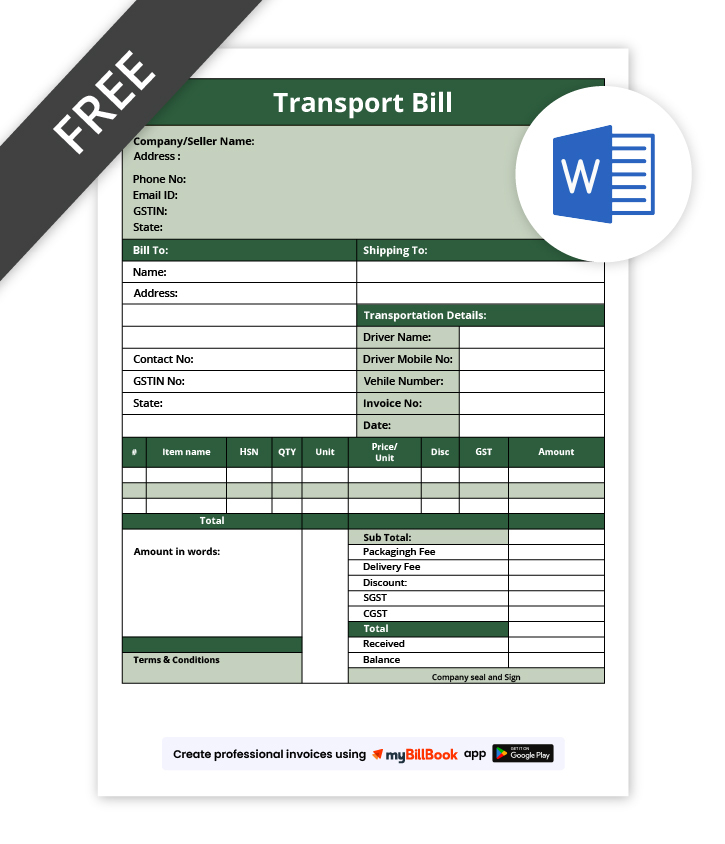 Free Transport Bill Format in Word, Excel and PDF
