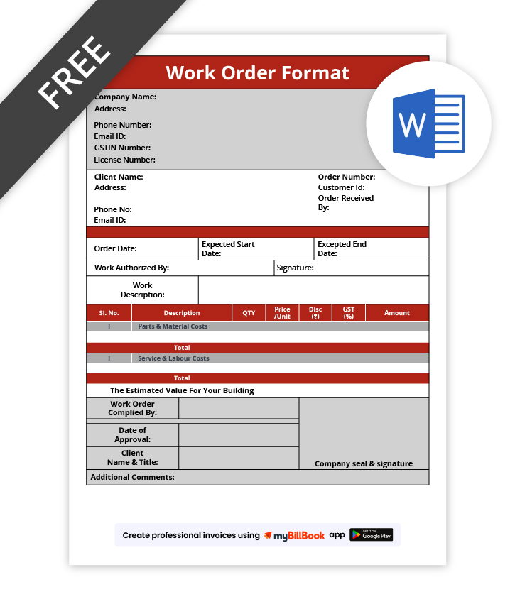 Download Free Work Order Format( Word, Excel, PDF)